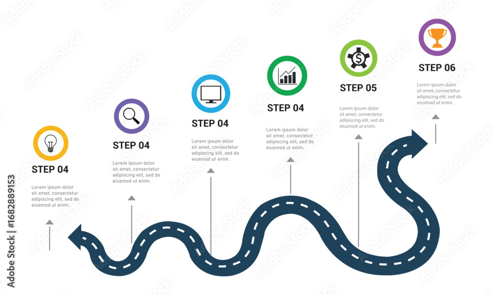 Infographic roadmap with 6 steps, modern timeline diagram, winding road ...