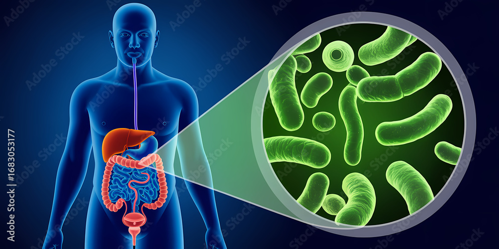 Human Digestive System with Gut Microbiome | Medical Illustration of ...