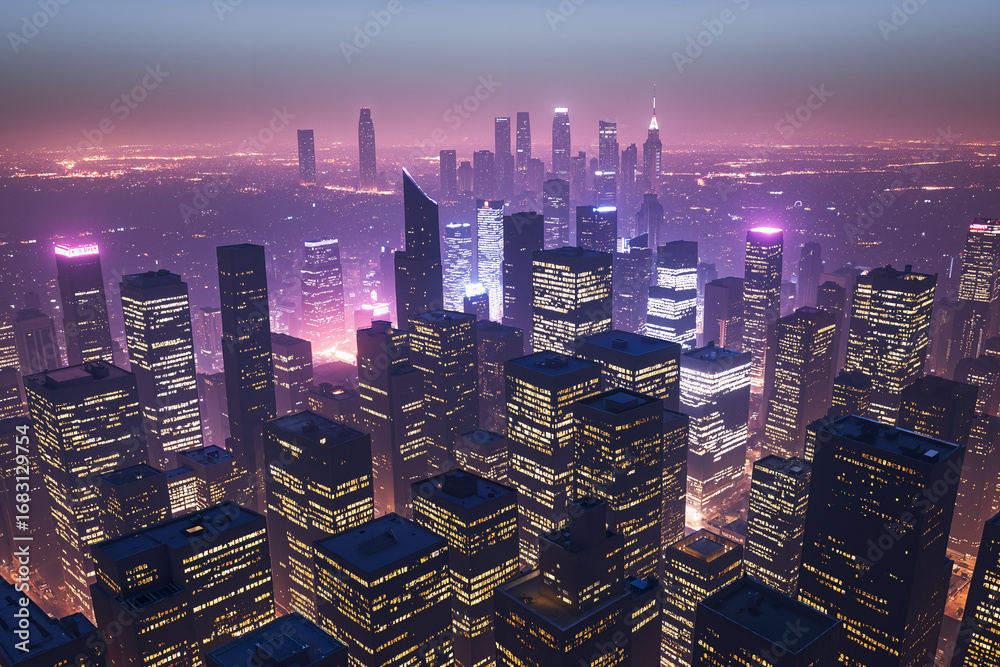Tall buildings in the morning with fog and light from the windows. AI ...
