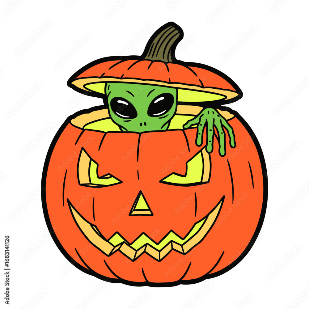 mysterious alien hiding in a Halloween pumpkin lantern funny cartoon ...
