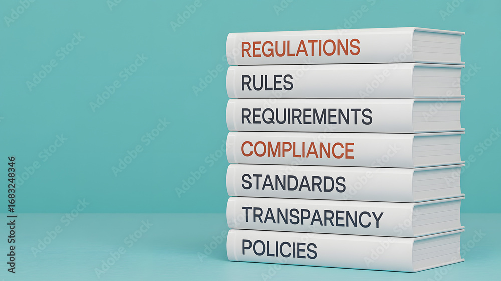 Regulations, rules, and compliance: Business books stacked for legal ...
