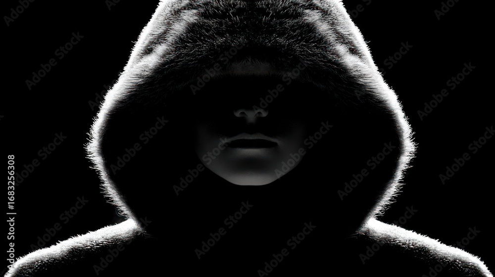 Figure hooded in shadows, face barely visible, ethereal light on ...