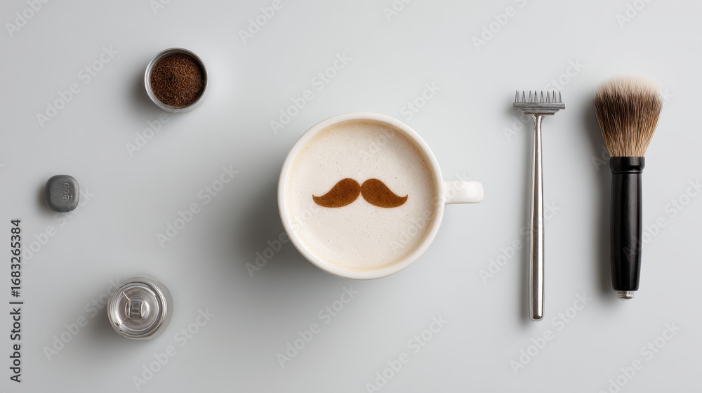 Whimsical coffee with a mustache design and grooming tools on a light ...