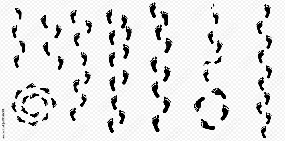 Illustration depicting various patterns of human footprints, including ...