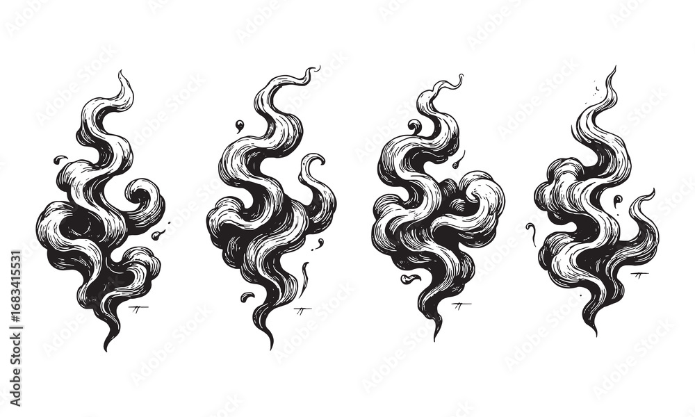 Stock-Vektorgrafik „Hand drawn smoke shapes in vintage engraving style ...