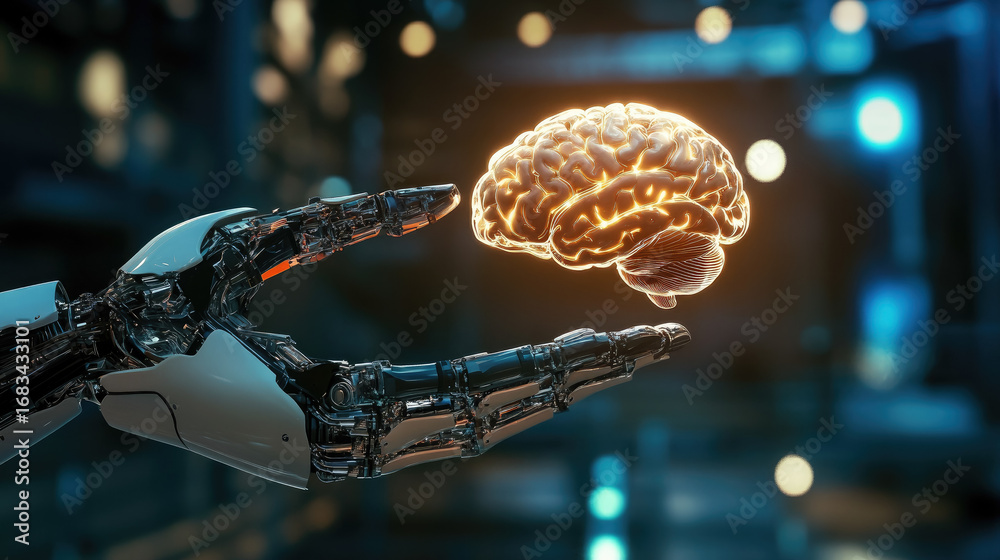 robot hand holding flying brain, artificial intelligence, thinking ...