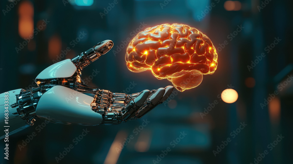 robot hand holding flying brain, artificial intelligence, thinking ...