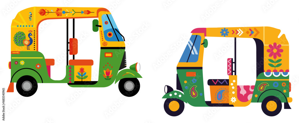 Colorful Indian auto rickshaw tuk tuk set vector illustration Stock ...