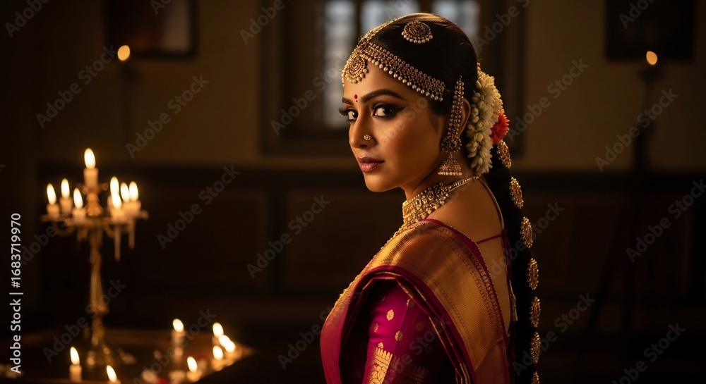 Stunning South Indian bride adorned in traditional saree and jewelry ...