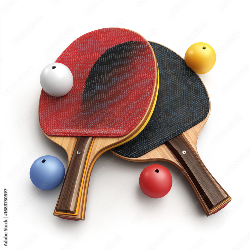 Two ping pong paddles and four colorful balls arranged on a white ...
