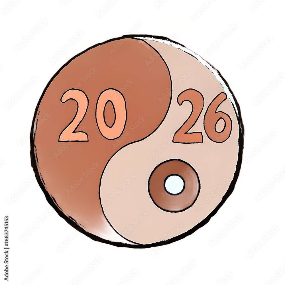 Yin Yang symbol with glowing 2026 inscription on transparent background ...