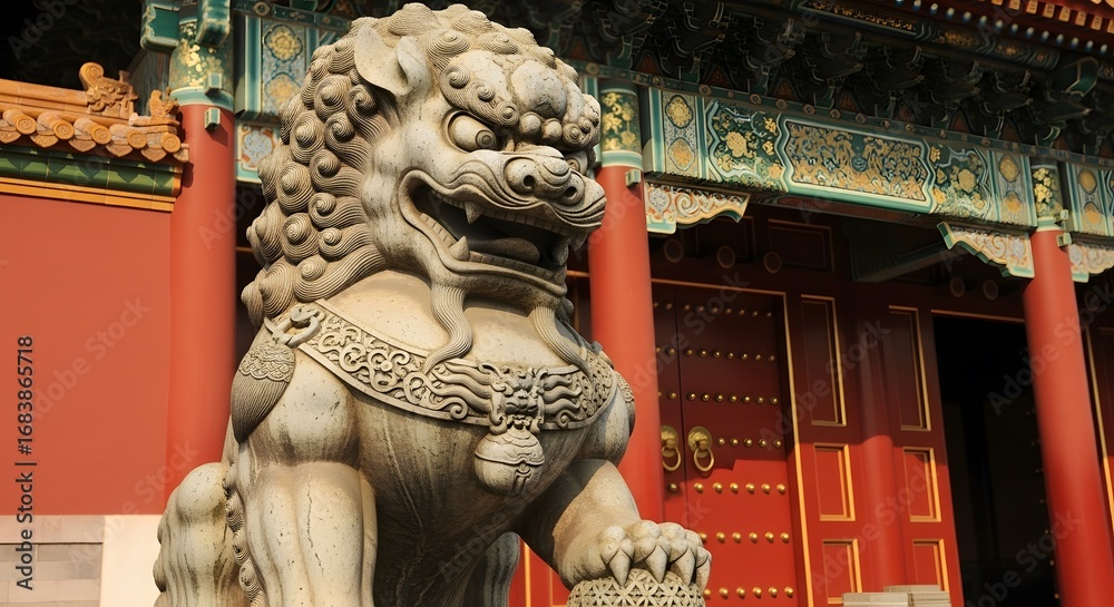 Stone lion statue guarding a red and gold ornate building in forbidden ...