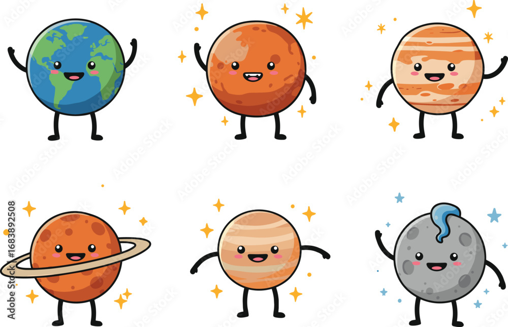 cartoon planets with faces, cute space characters, smiling celestial ...