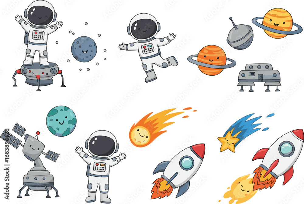 Cute cartoon space clipart, astronaut illustration, planets and rockets ...