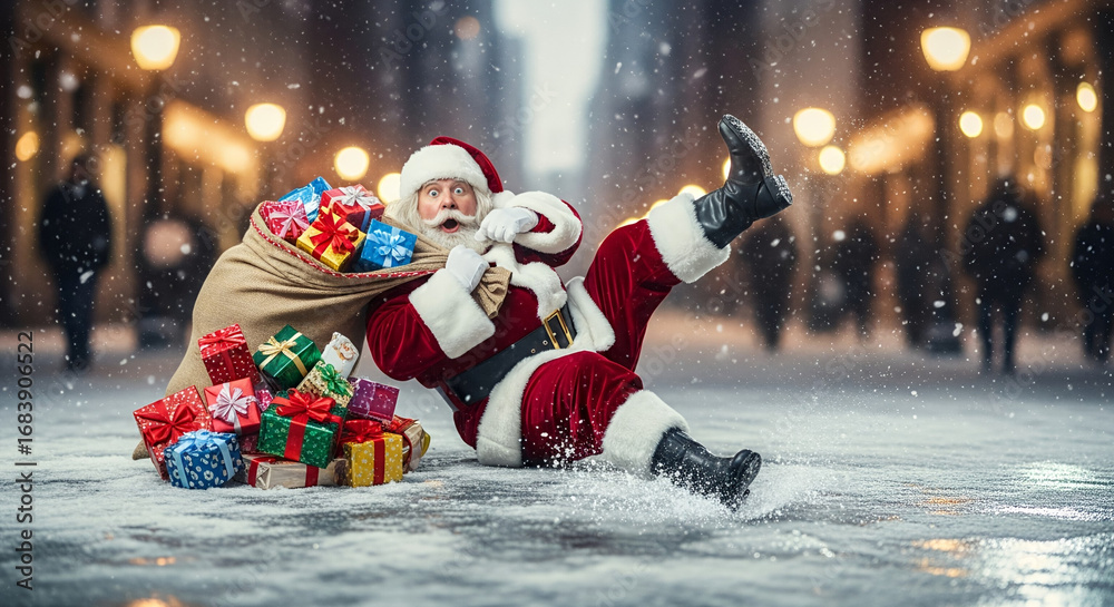 Funny Realistic Santa Claus Slipping on Ice with Gift Sack Stock Photo ...