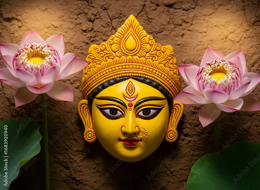 Hindu festival Durga puja, goddess Durga yellow face and two lotus ...