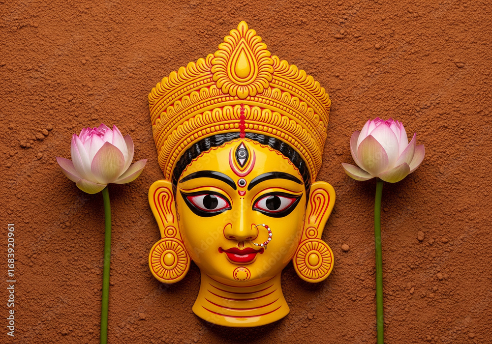 Hindu festival Durga puja, goddess Durga yellow face and lotus flowers ...