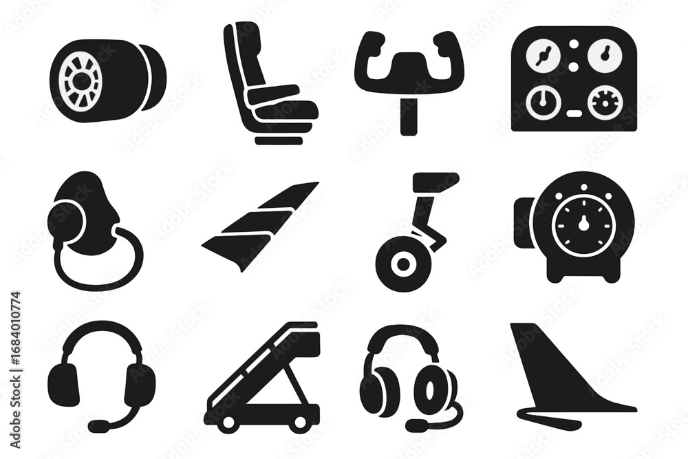 Aviation Equipment Icons. Solid style icons of aviation equipment: jet ...