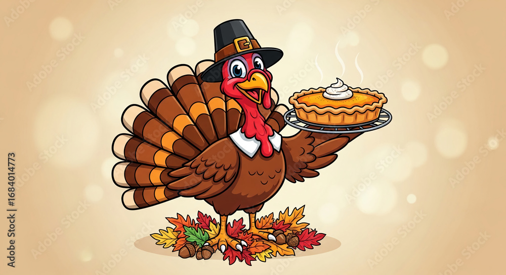Cartoon turkey wearing pilgrim hat, holding pumpkin pie on tray ...