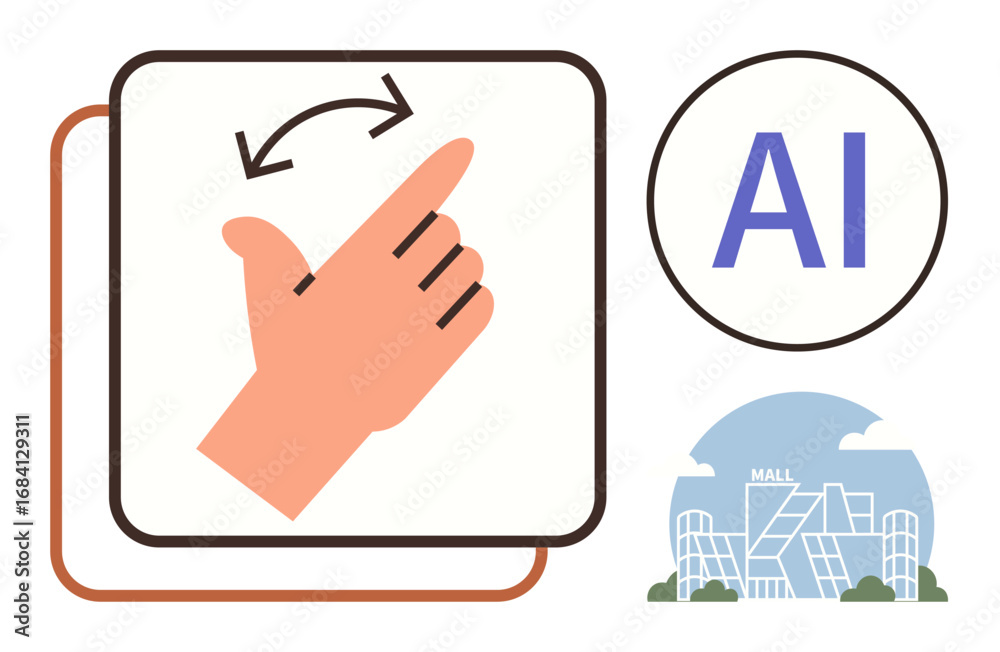 Hand with gesture and directional arrows, AI text, and mall graphic ...