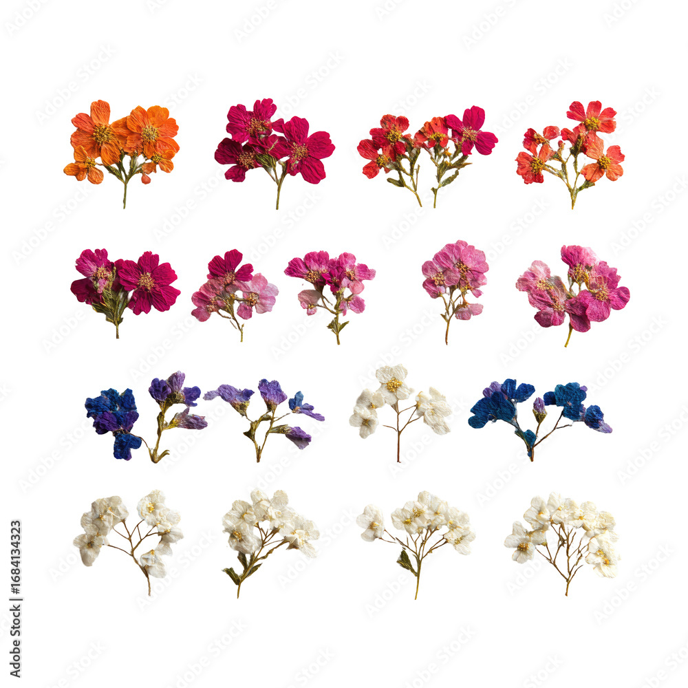 Colorful pressed flower clusters in a grid pattern. Various hues from ...