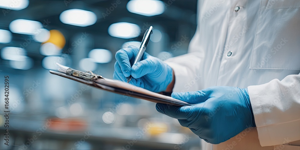 Quality control inspector writing on a clipboard in a factory. Stock ...