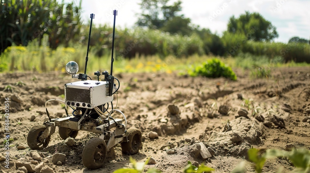 Ilustración de Stock Soil detection robot with a compact gray and green ...