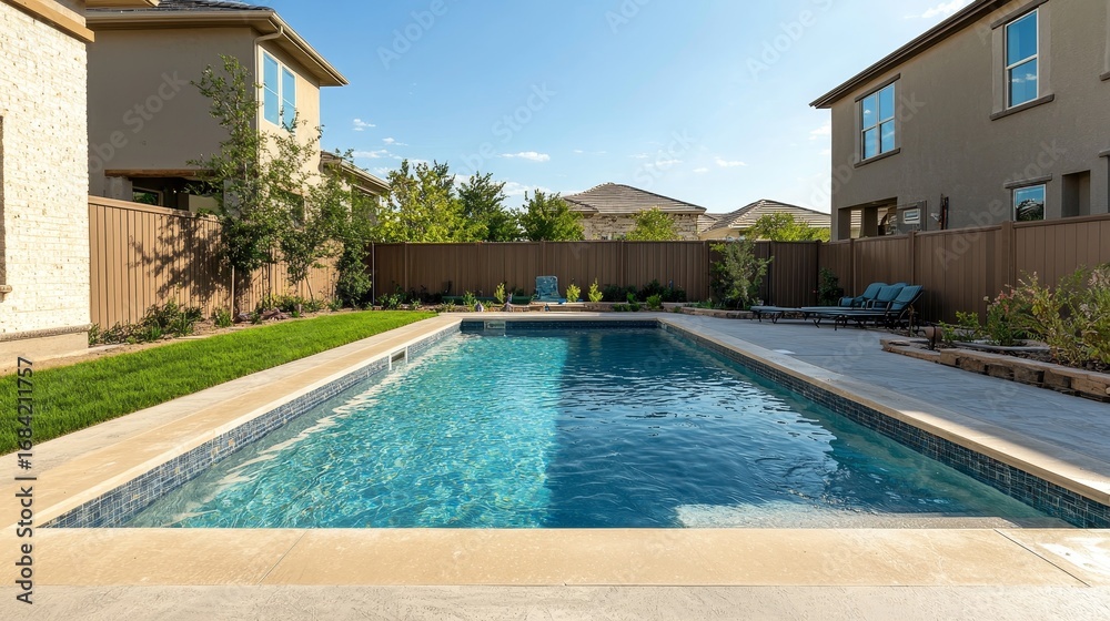 A rectangular new swimming pool with tan concrete edges in the fenced ...