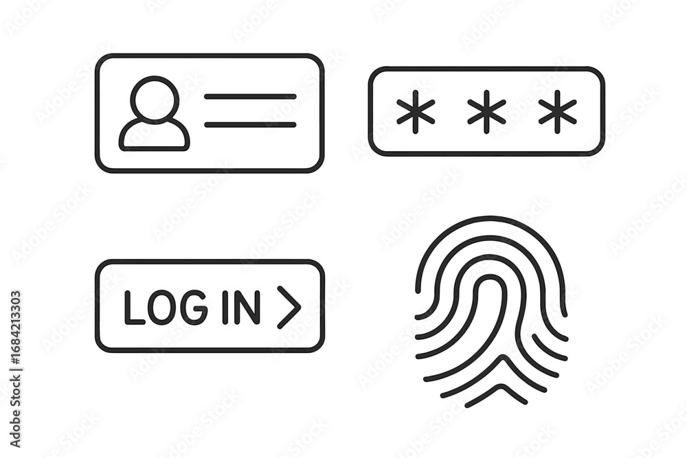 Vector login icon set. Outline icons for authentication, username ...