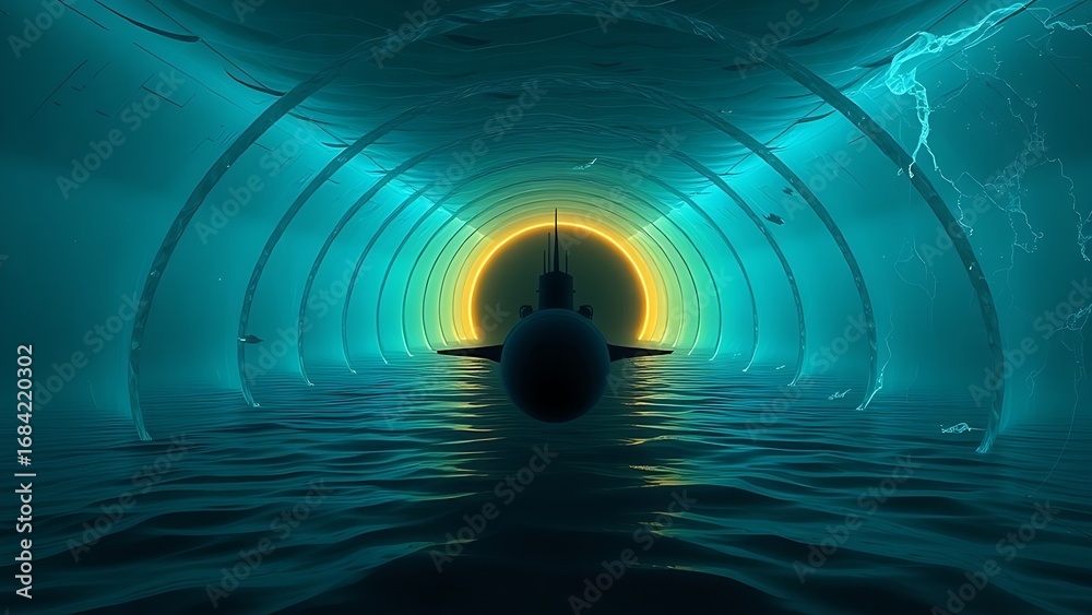 Glowing wormhole tunnel through ocean depths, featuring ghostly ...