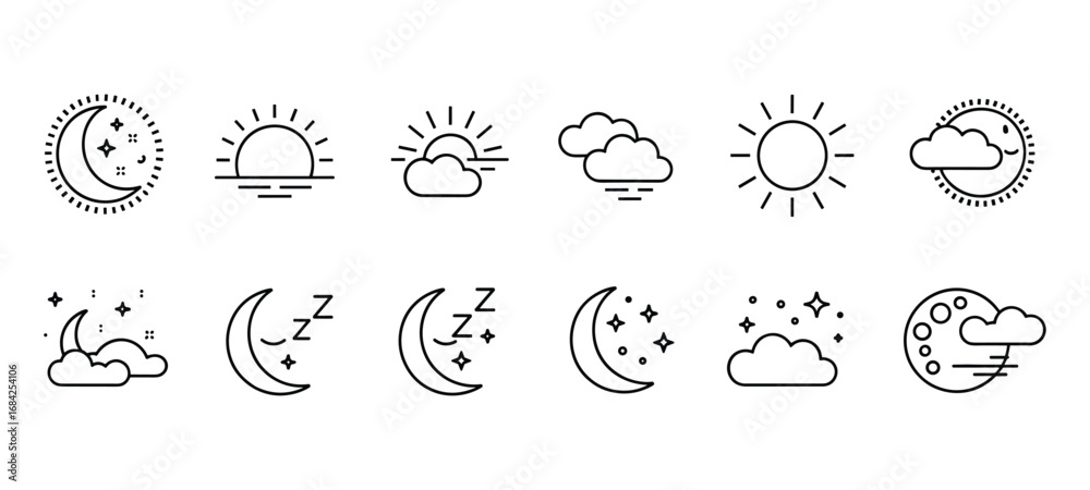 Weather Icons Showing Day and Night Cycles Moon Clouds Sun Sunrise and ...
