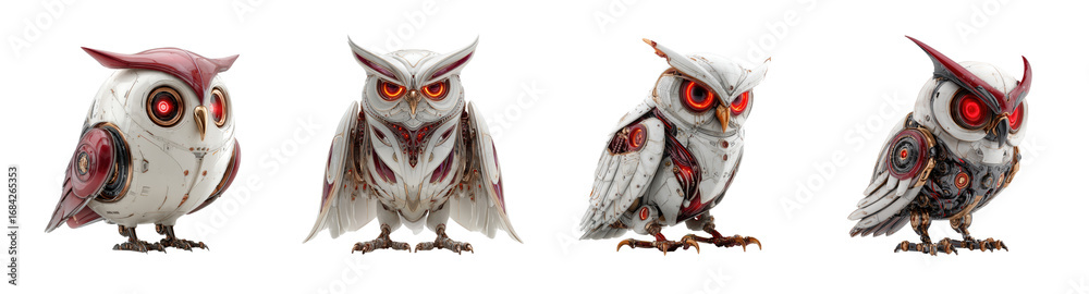 Futuristic Steampunk Cyborg Owl PNG set With Red Glowing Eyes ...