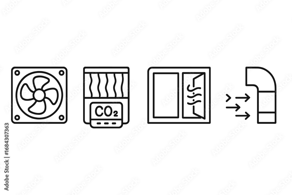 Air quality control outline icons. Ventilation system, fan, air filter ...