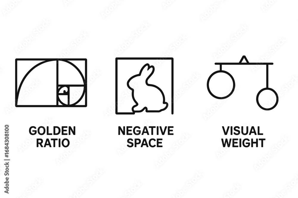 Design principles outline icon set. Golden ratio, negative space, and ...