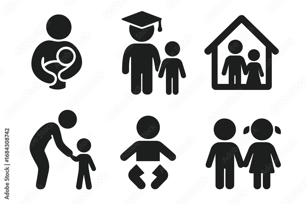 Family and parenting silhouette icon set. Vector symbols of care ...