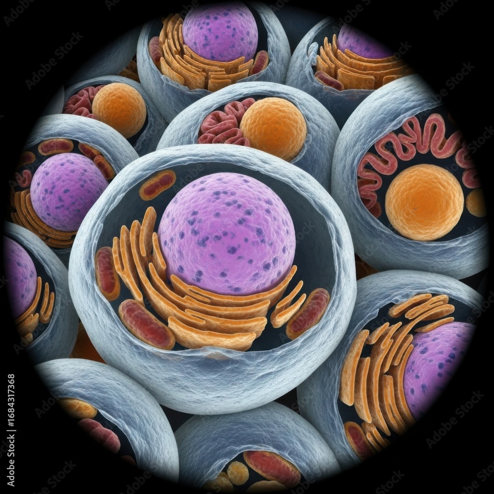 Microscopic view of human fat cells and their internal structures Stock ...
