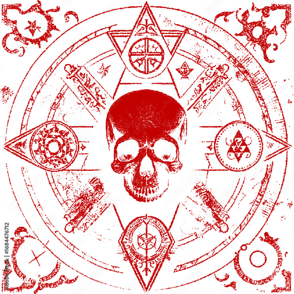 Occult skull label, mystic symbol within a circular rune diagram with ...
