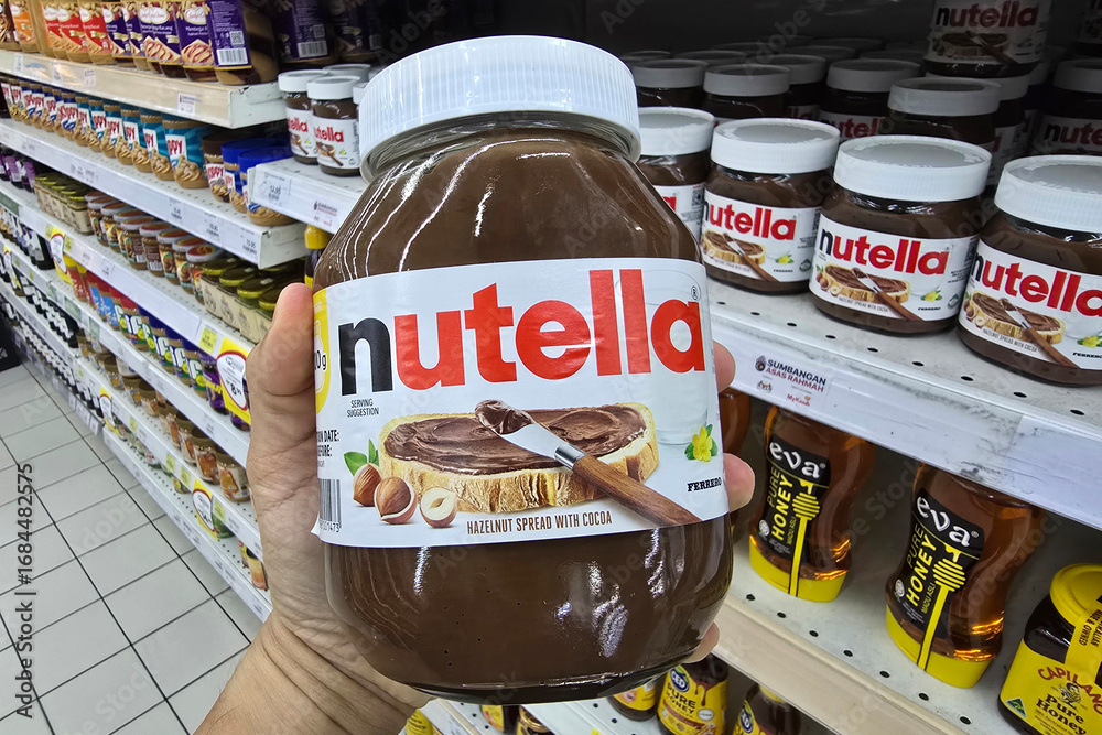 Penang, Malaysia – Aug 8, 2025: A large jar of Nutella hazelnut spread ...