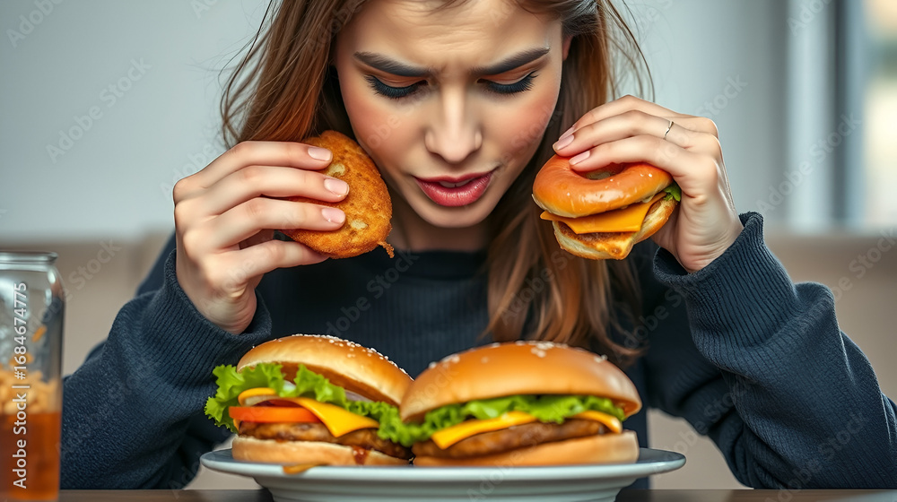 woman dealing with binge eating disorder, eat a lot of fast food like ...