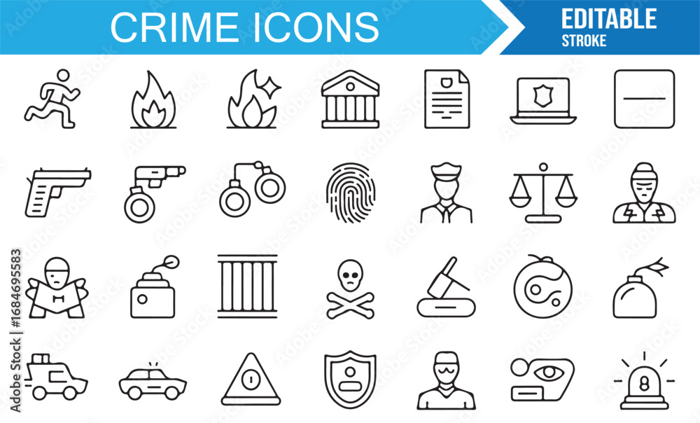 Editable vector crime icons including police officer, hacker ...