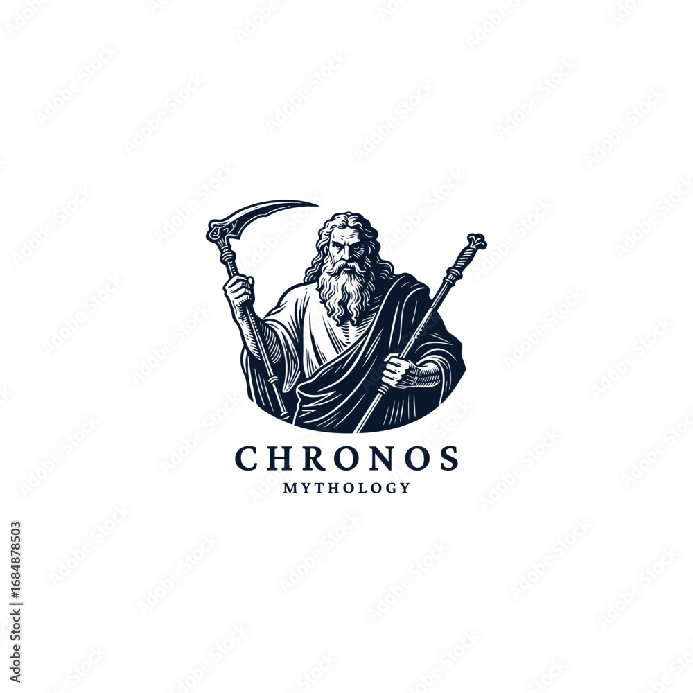 engraved logo of Chronos, the Greek god of time, holding a sickle and a ...