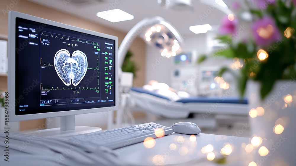 Heart Shaped Medical Image on Computer Monitor in Modern Hospital Room ...