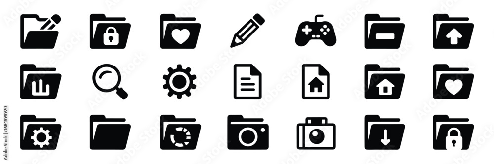 Folder Icon Set – Black Line Icons for Digital Organization, Categories ...