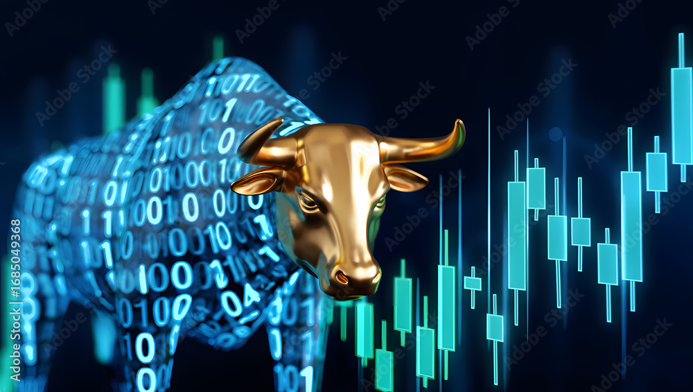 Market Bull: A majestic golden bull symbol, intricately overlaid with ...