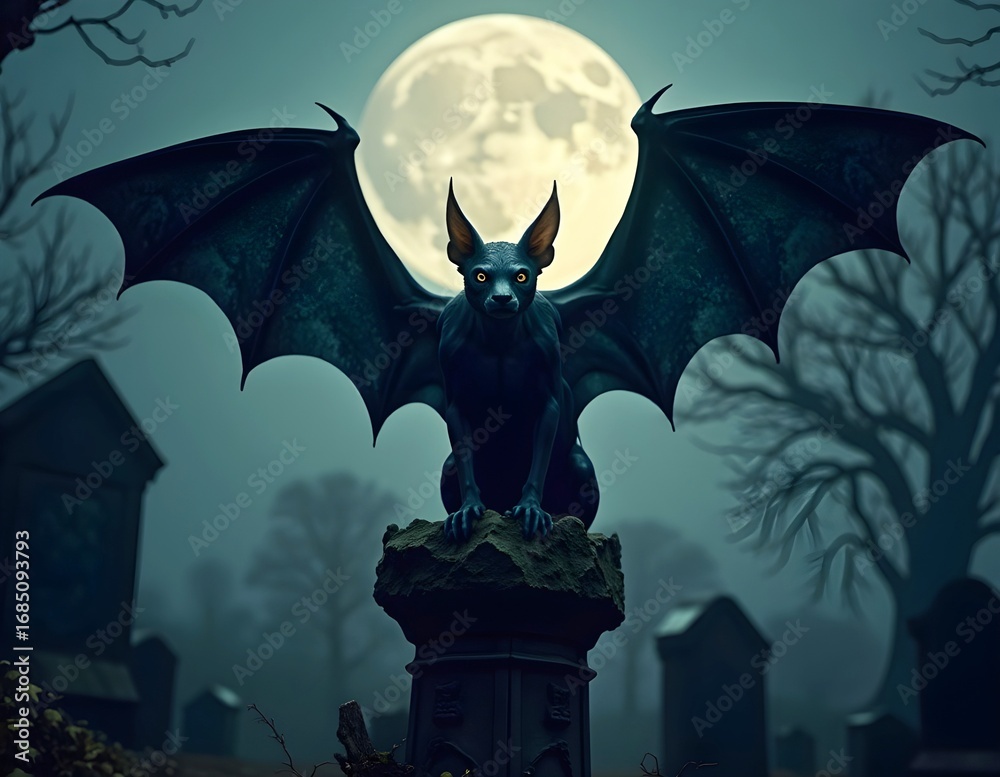 Gothic vampire bat wings spread, perched on a statue in a dark cemetery ...
