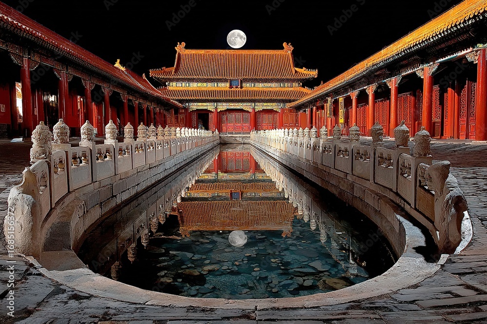 Forbidden Palace Reflection at Moonlight with Traditional Architecture ...
