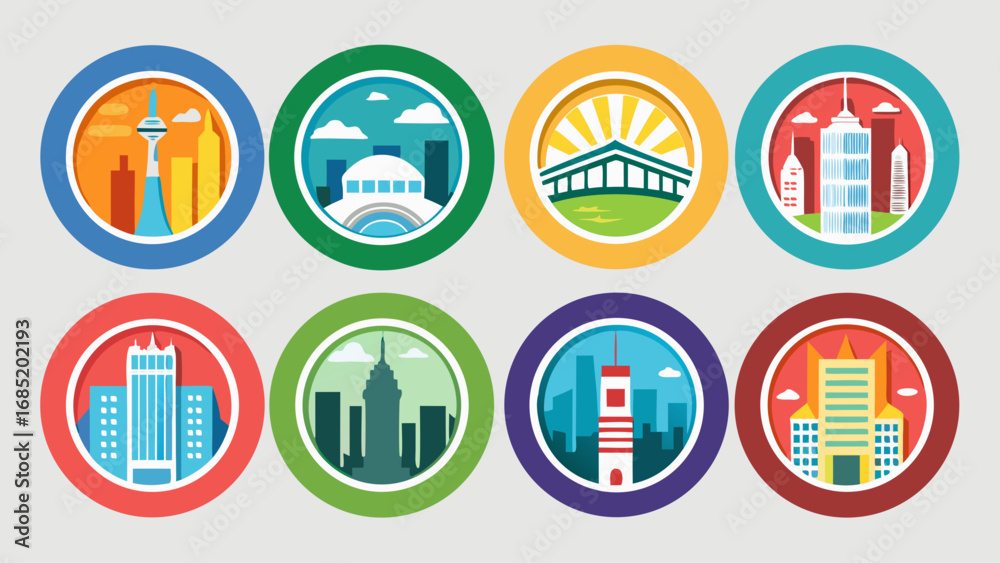 The image is a collection of city icons, each with a different color ...