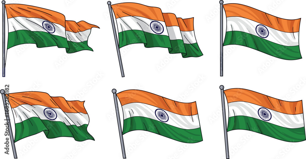 Indian Tiranga Flags Waving in Wind, Flat Style Vector Stock Vector ...