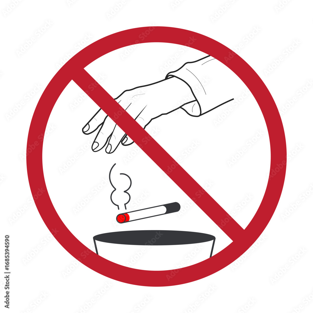 Isolated prohibition sign do not put burnt cigarette in to trash bin ...