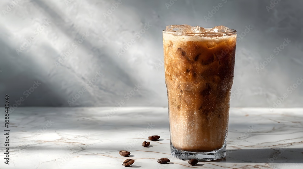 Iced coffee with milk and ice cubes in a tall glass on a marble surface ...